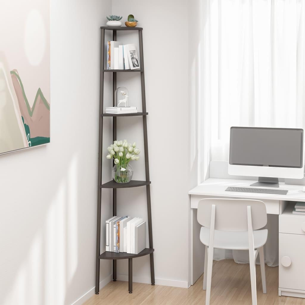 vidaXL 5-Tier Corner Storage Shelf - Black Steel Frame Bookcase for Living Room, Bedroom, Office - 17.9"x12.4"x70.9" Size