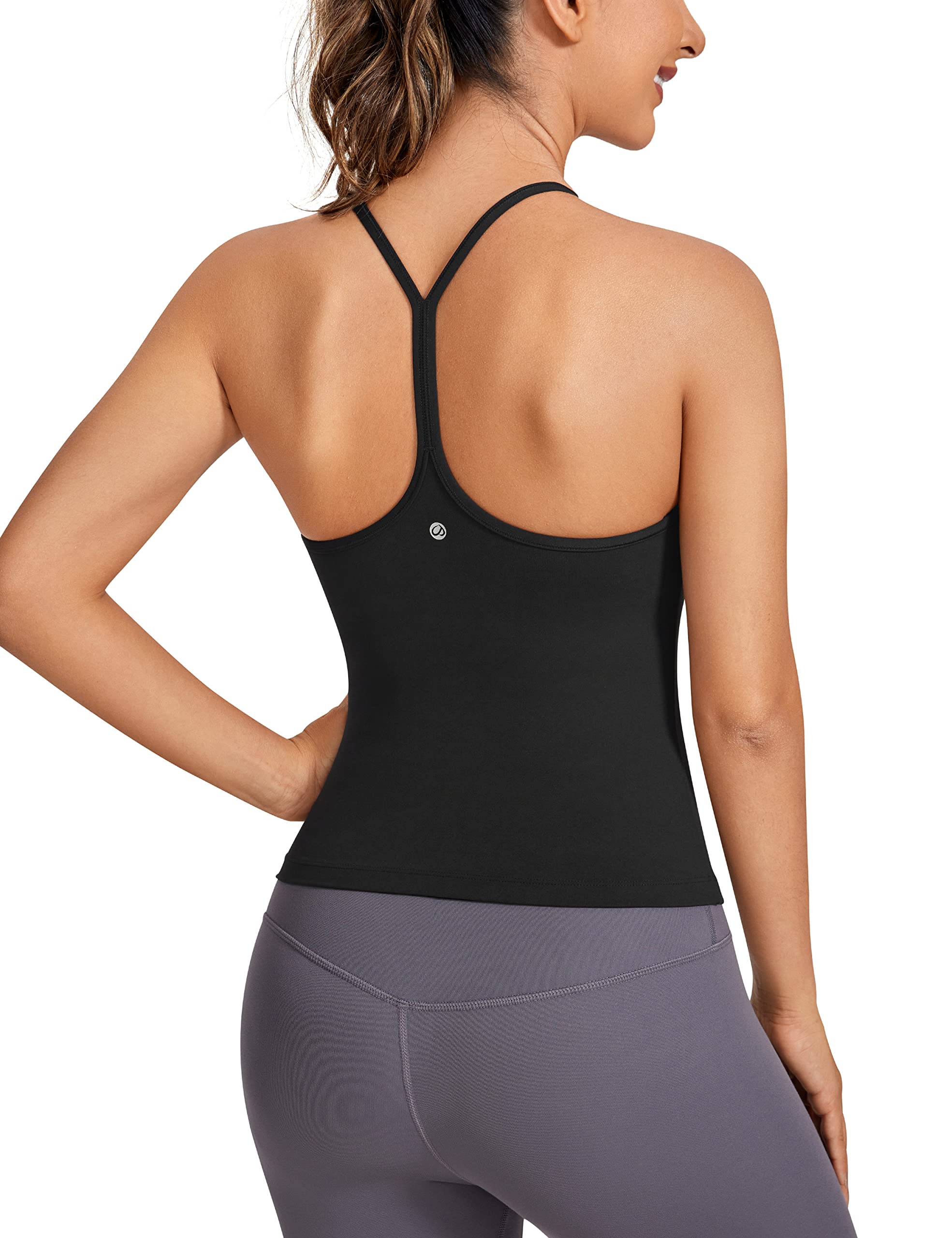 CRZ YOGA Butterluxe Womens Workout Racerback Tank Top with Built in Bra - Scoop Neck Spaghetti Strap Padded Slim Camisole Black Small