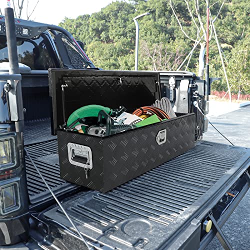 Eivojor Aluminum Stripes Plated Truck Tool Box Pick Up Truck Bed RV Trailer Toolbox Storage Organizer with Side Handles, Lock and Keys - 39" x 13" x 10",Black