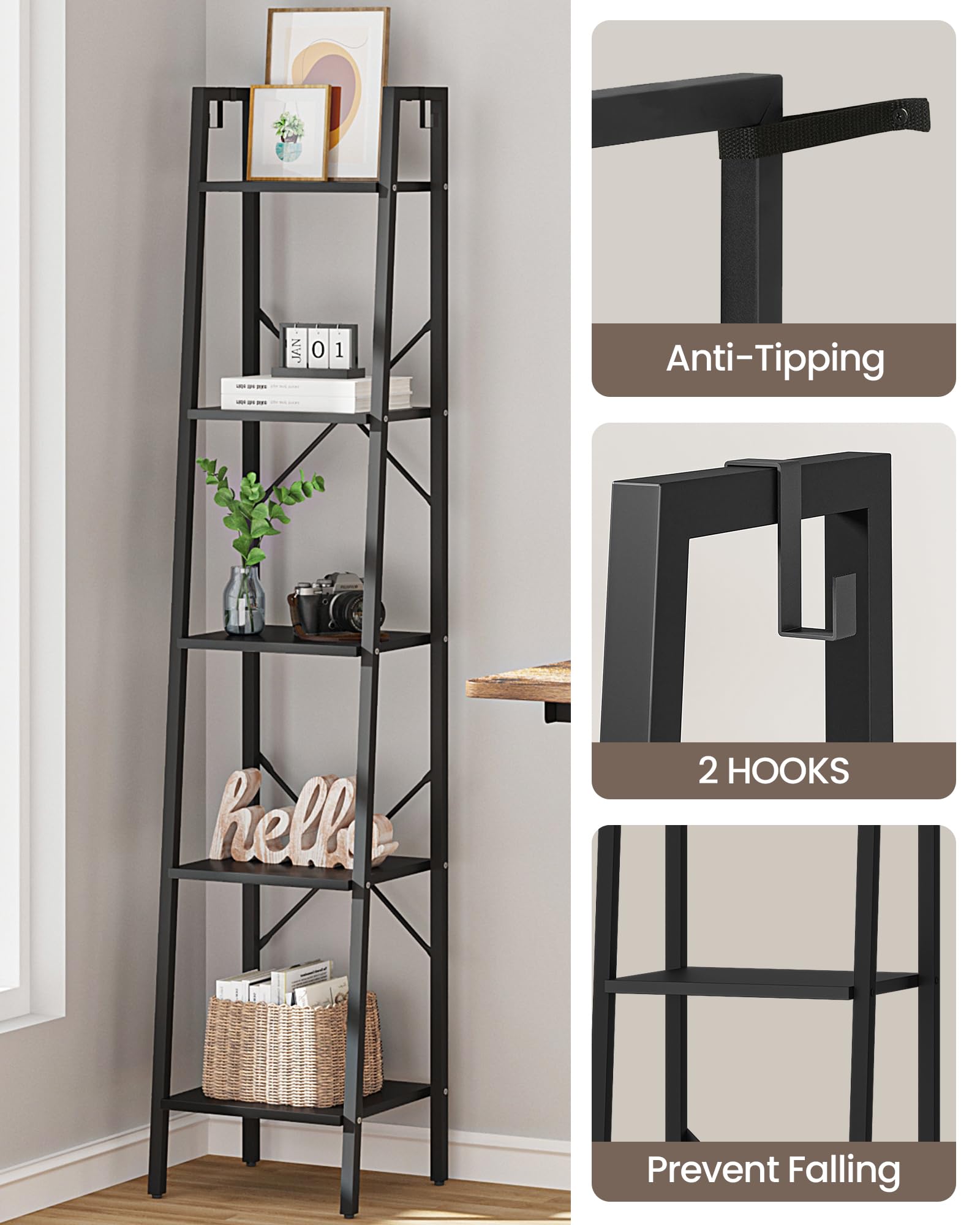 Hzuaneri Ladder Shelf, Bookshelf Bookcase, Freestanding Corner Storage Shelve with 2 Hooks for Home Office, Living Room, Kitchen, Bedroom, Industrial, 5-Tier Black BC03204B
