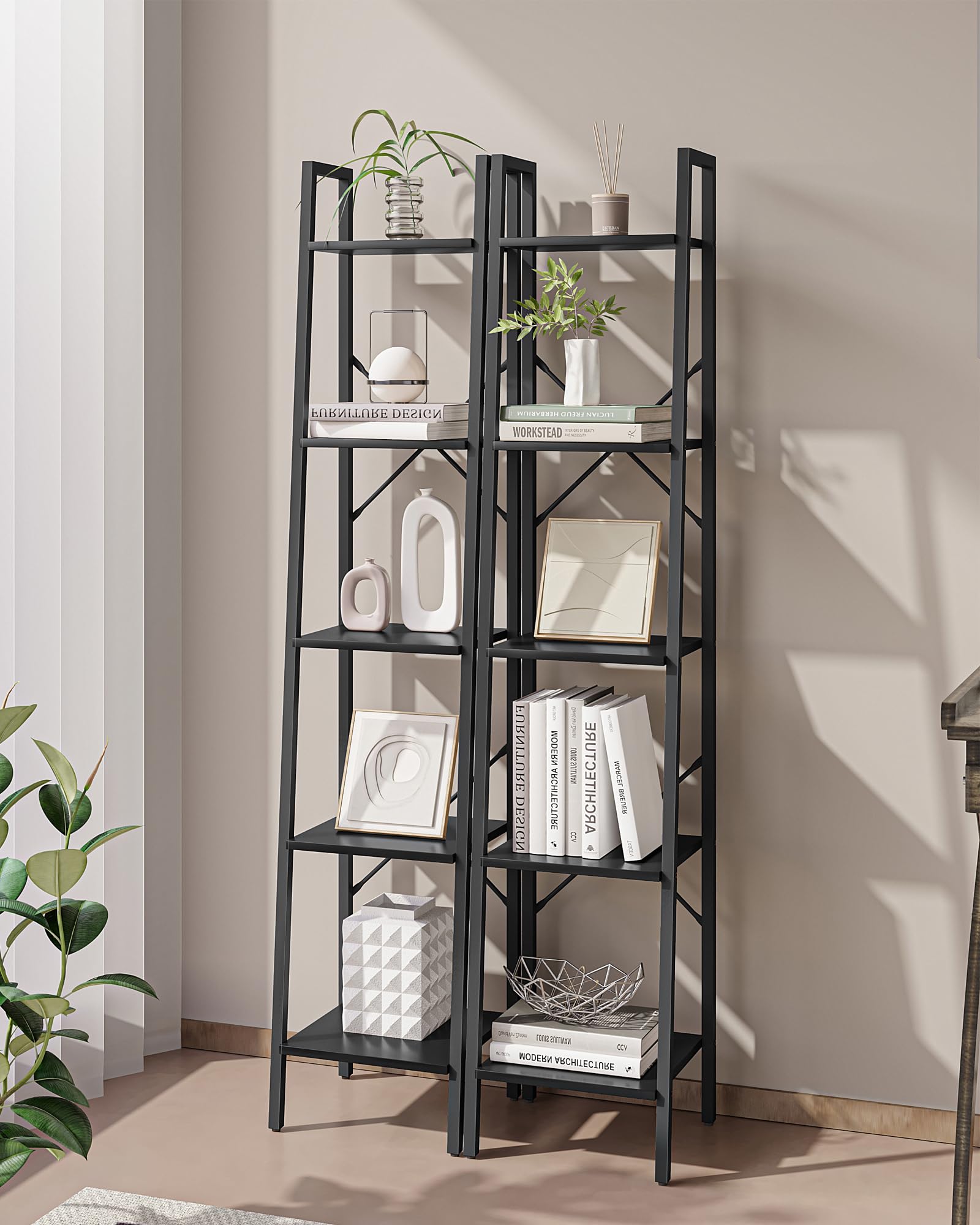 Hzuaneri Ladder Shelf, Bookshelf Bookcase, Freestanding Corner Storage Shelve with 2 Hooks for Home Office, Living Room, Kitchen, Bedroom, Industrial, 5-Tier Black BC03204B