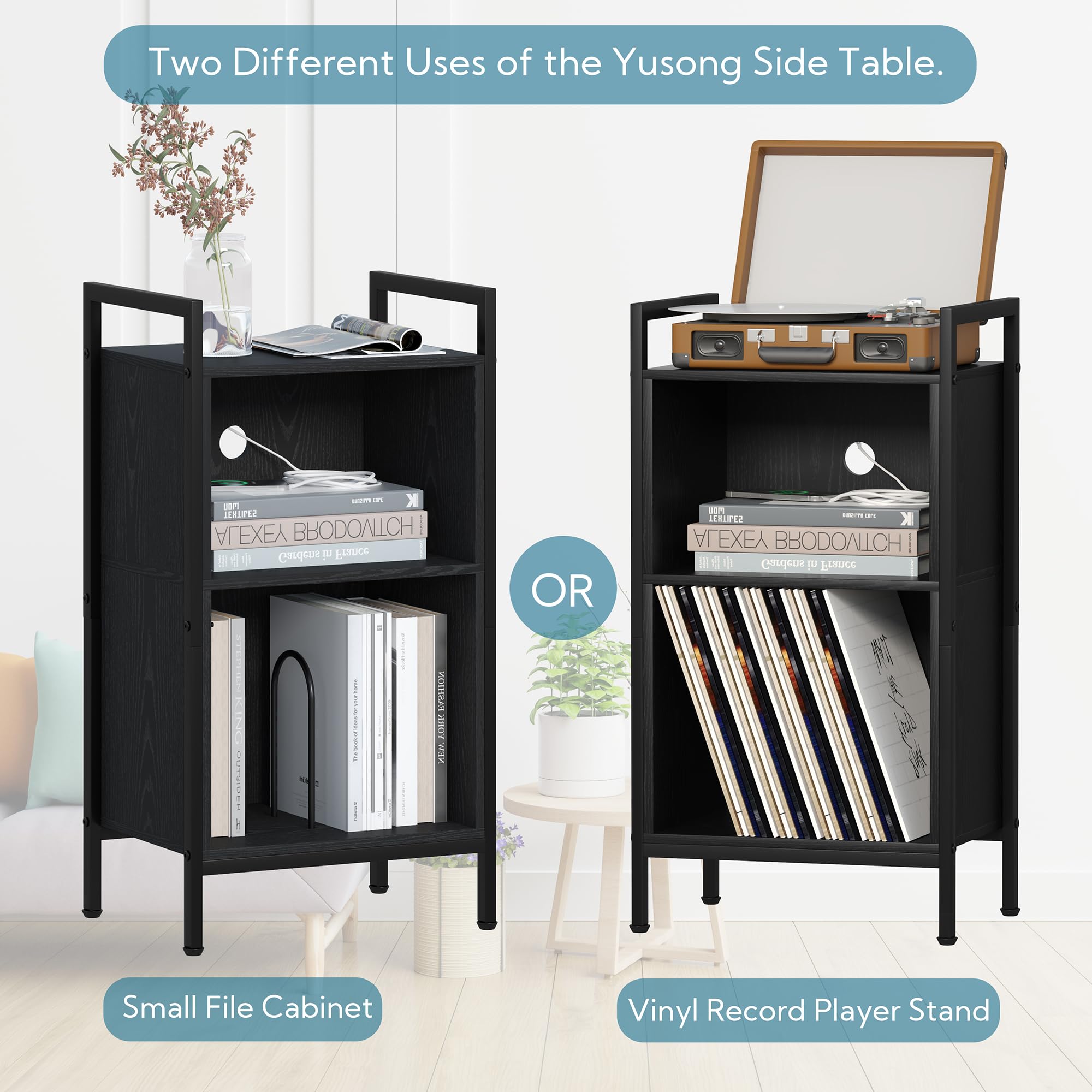 Yusong Bookshelf 6-Tier, Geometric Bookcase S Shaped Book Shelves and 3 Tier End Table, Tall Side Table with Storage Cabinets,Black