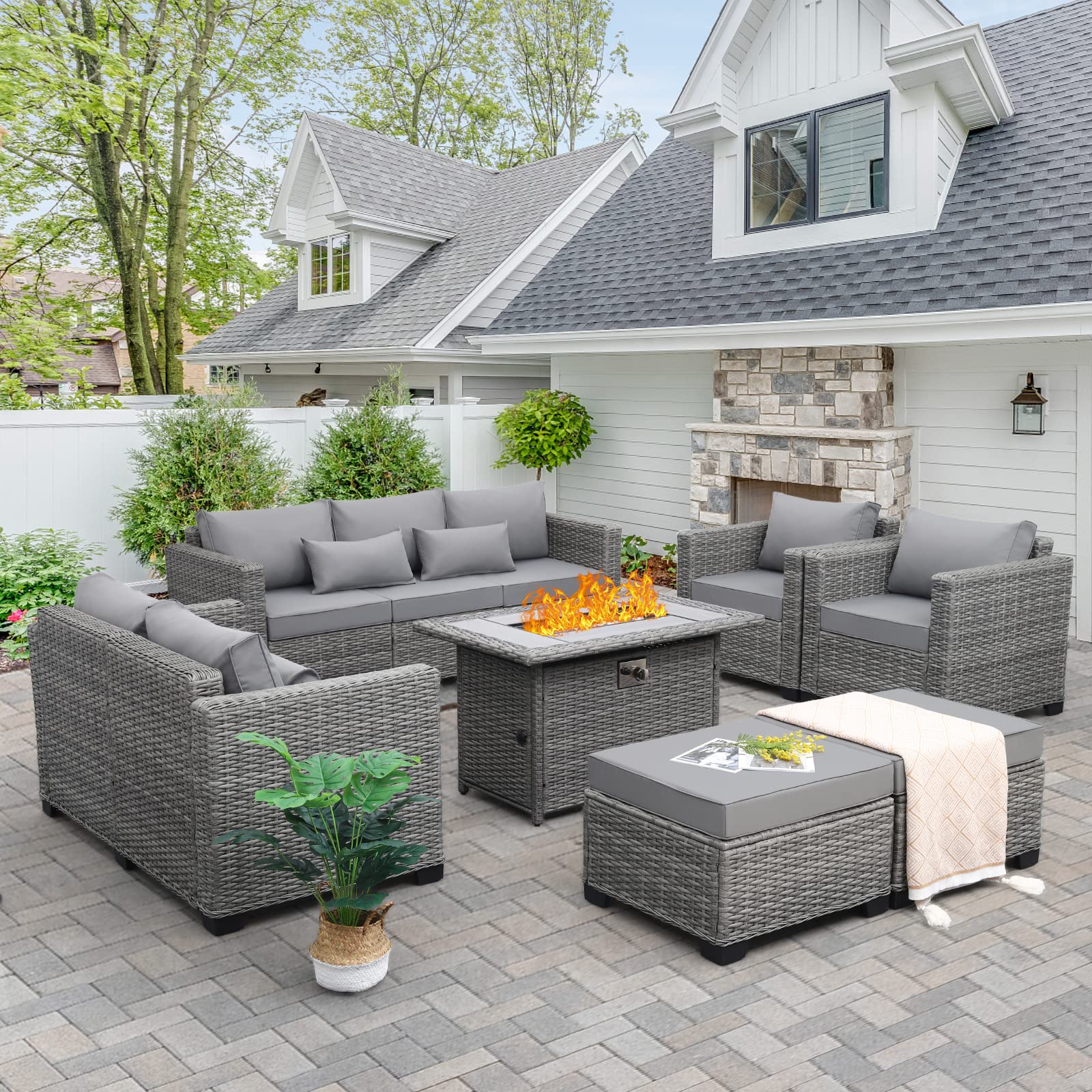 60000 BTU Wicker Gas Fire Pit Outdoor Fire Pit Table 45 Inch Fire Pits for Outside with Woodgrain Marble Tabletop Fire Pit Cover and Blue Crystal Beads