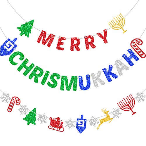 Merry Chrismukkah Banner Glitter Christmas Hanukkah Mixed Banner Christmas Banner Hanukkah Banner Christmas Decor Xmas Party Decorations Chanukah Festival Party Supplies…