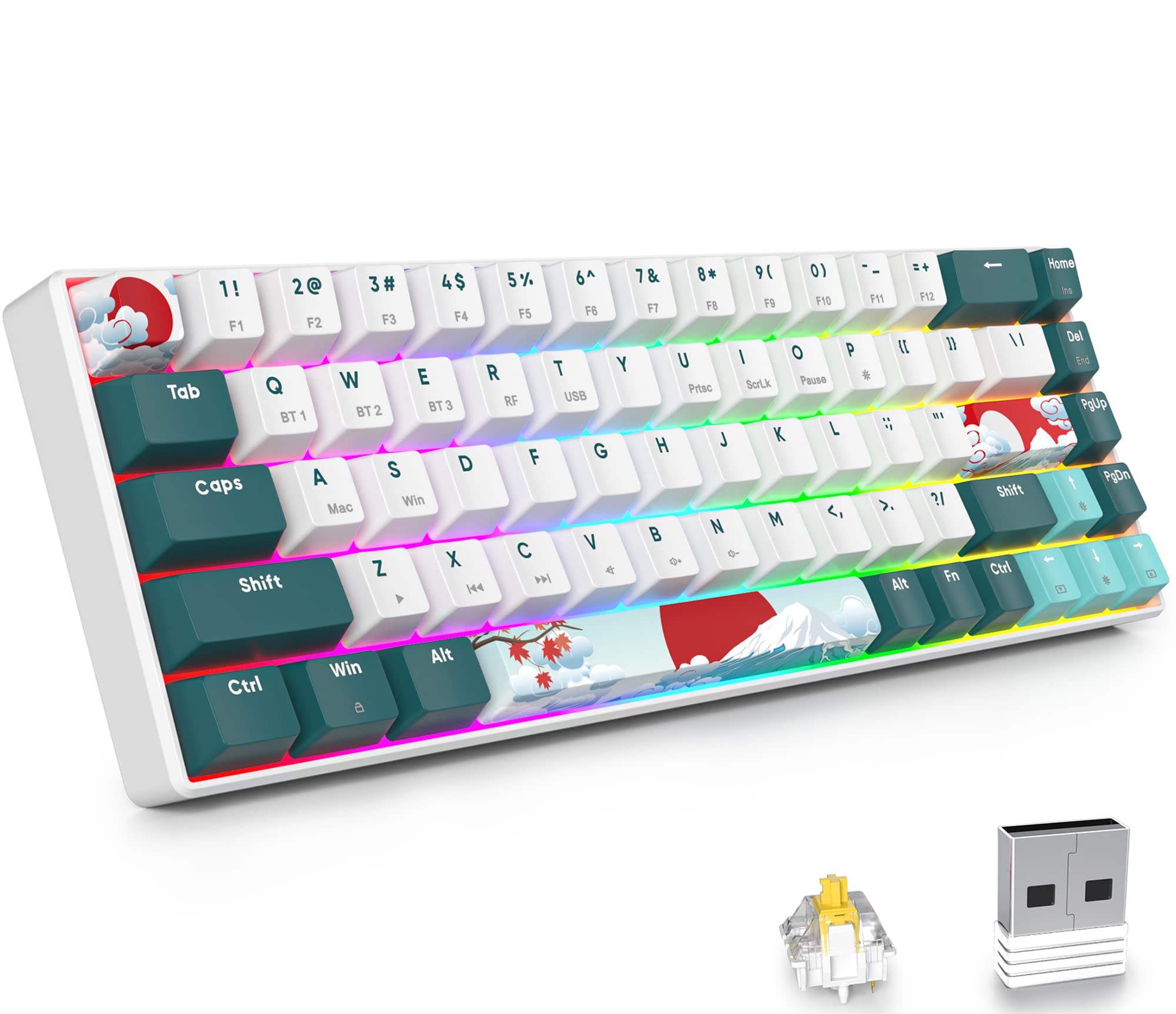 Fogruaden Hot Swappable 60% Wireless Mechanical Gaming Keyboard 60 Percent, 2.4G/USB-C/Bluetooth Keyboard, RGB Backlit, 68 Keys NKRO Compact Mini Keyboard for Win/Mac(Gateron Yellow Switch, Forest)