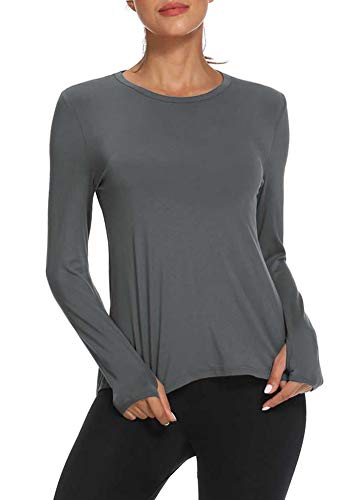 Mippo Long Sleeve Yoga Tops for Women Open Back Workout Shirts Gym Tops Running Athletic Shirts Workout Clothes Deep Gray M