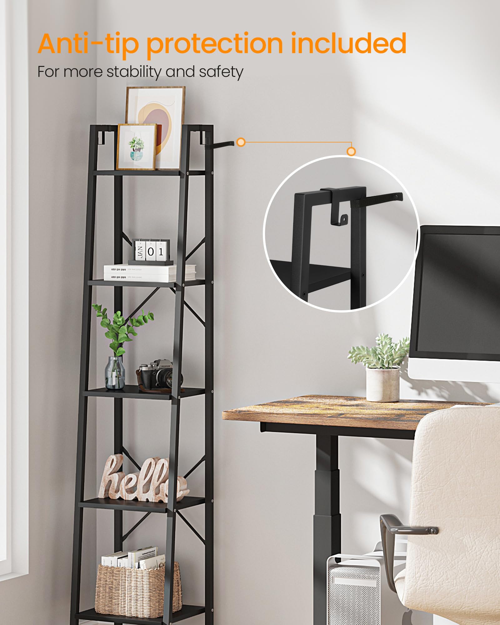 Hzuaneri Ladder Shelf, Bookshelf Bookcase, Freestanding Corner Storage Shelve with 2 Hooks for Home Office, Living Room, Kitchen, Bedroom, Industrial, 5-Tier Black BC03204B