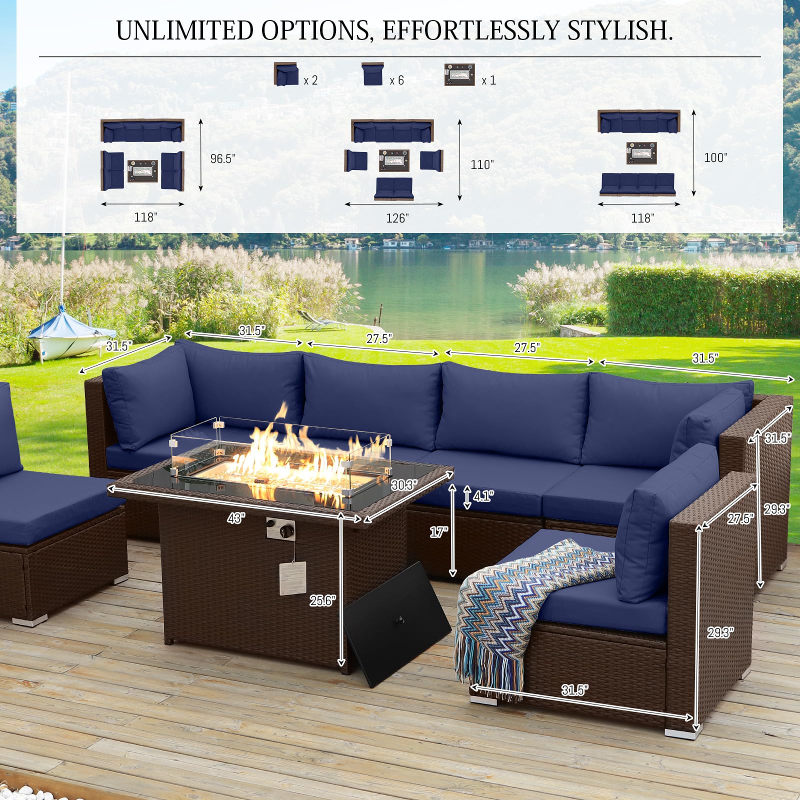 BULEXYARD High Back Brown PE Rattan Outdoor Patio Furniture Set with Propane Fire Pit Table, Large Wicker Outside Sectional Furniture Sofa Conversation Sets for Backyard(Navy Blue, 9Pcs-A)