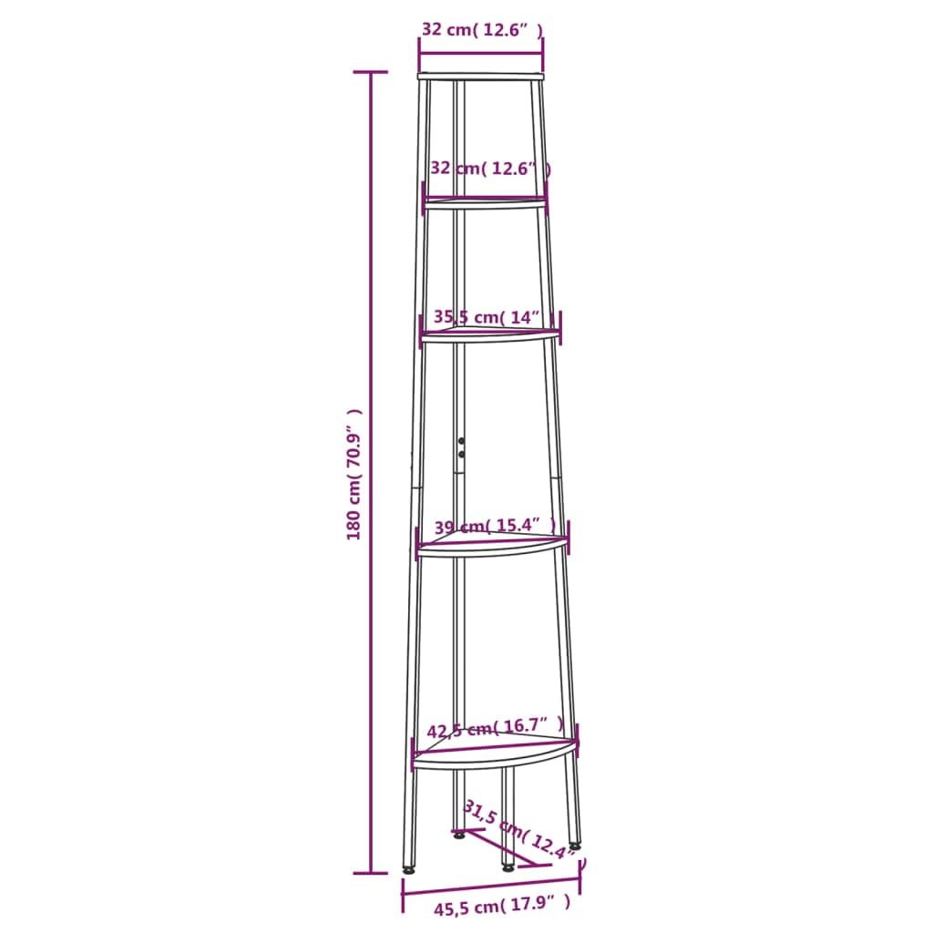 vidaXL 5-Tier Corner Storage Shelf - Black Steel Frame Bookcase for Living Room, Bedroom, Office - 17.9"x12.4"x70.9" Size