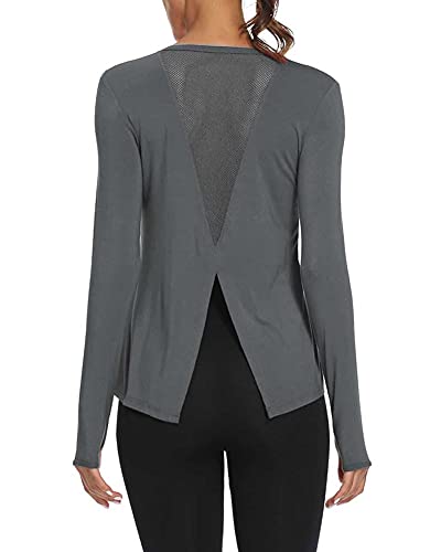 Mippo Long Sleeve Yoga Tops for Women Open Back Workout Shirts Gym Tops Running Athletic Shirts Workout Clothes Deep Gray M