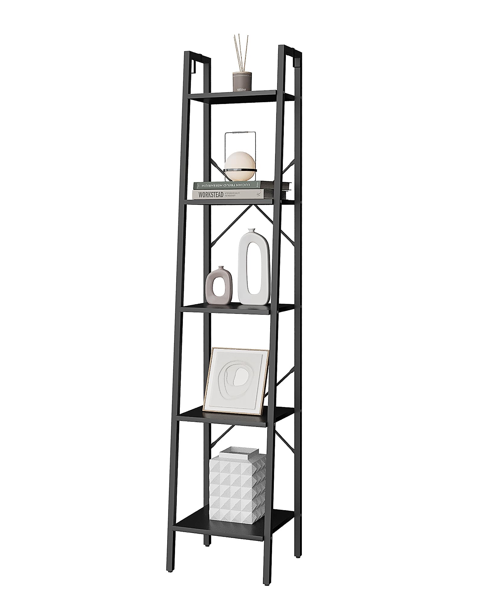 Hzuaneri Ladder Shelf, Bookshelf Bookcase, Freestanding Corner Storage Shelve with 2 Hooks for Home Office, Living Room, Kitchen, Bedroom, Industrial, 5-Tier Black BC03204B
