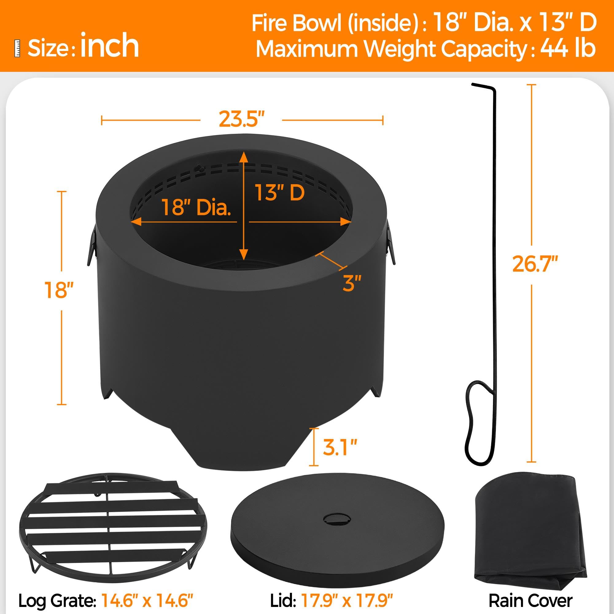 Yaheetech Fire Pit 23.5in Smokeless Fire Pit Tabletop with Stand Outdoor Wood Burning Firepit Set for Outside Camping with Silicone Mat & Fire Poker & Rain Cover & Lid & Log Grate