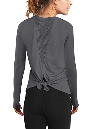 Mippo Long Sleeve Yoga Tops for Women Open Back Workout Shirts Gym Tops Running Athletic Shirts Workout Clothes Deep Gray M