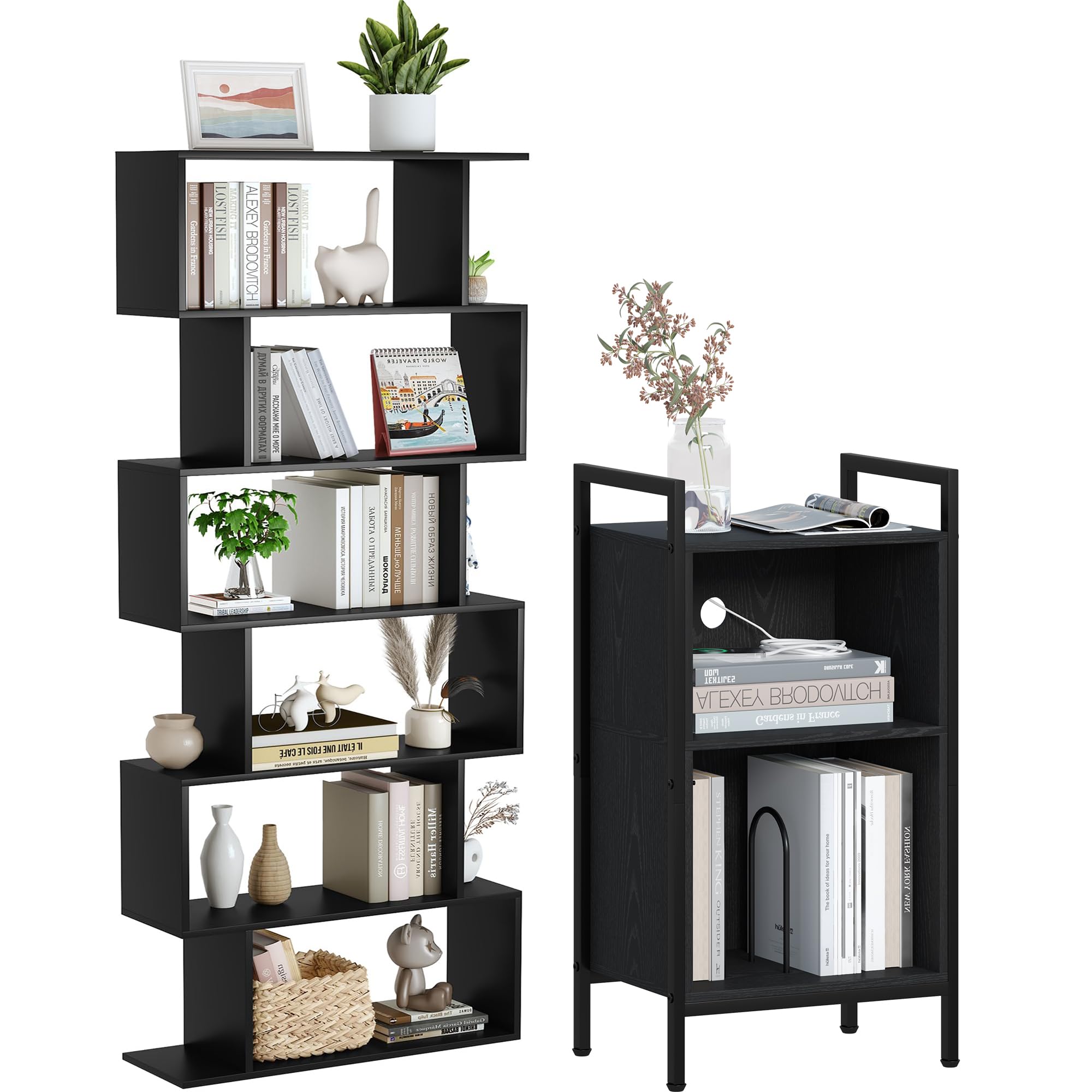 Yusong Bookshelf 6-Tier, Geometric Bookcase S Shaped Book Shelves and 3 Tier End Table, Tall Side Table with Storage Cabinets,Black