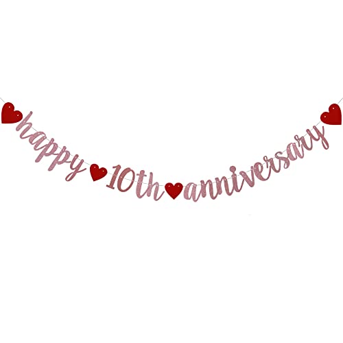 Happy 10th Anniversary Banner, Pre-Strung,Rose Gold Glitter Paper Garlands for 10th Wedding Anniversary Party Decorations Supplies, No Assembly Required,(Rose Gold) SUNbetterland
