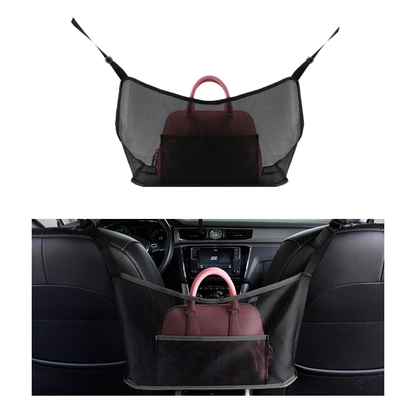 Ziciner Car Net Pocket Handbag Holder, Organizer Mesh Bag Between Two Seat, Driver Storage Netting Pouch for Handbag Purse, Barrier of Backseat Pet Kids, Car Accessories for Women Men (Black)