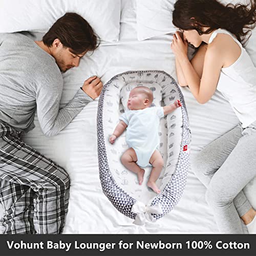 Vohunt Baby Lounger for Newborn,100% Cotton Co-Sleeper for Baby in Bed with Handles,Soft Newborn Lounger Adjustable Size & Strong Zipper Lengthen Space to 3 Tears Old(Triangular Crown)