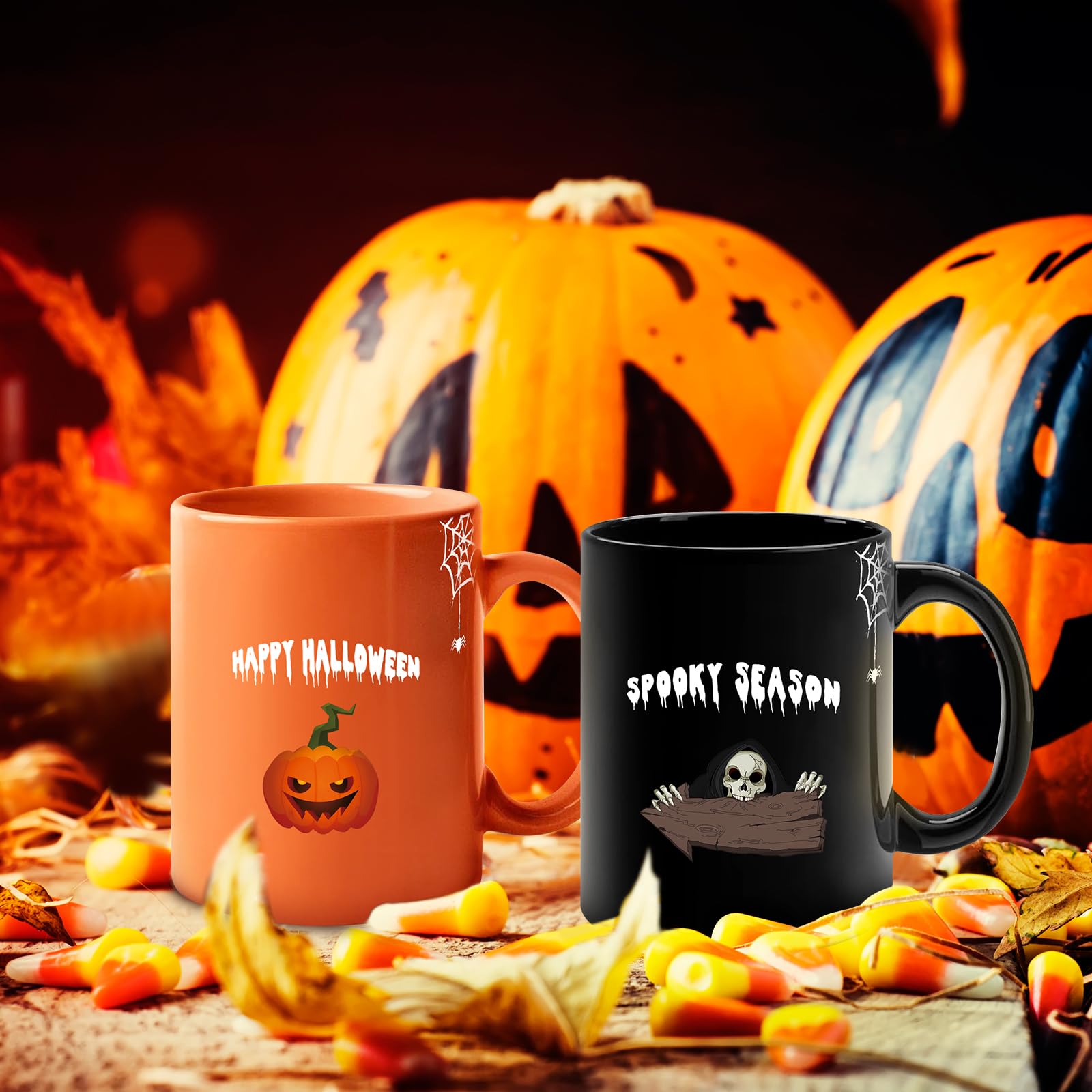4 Pieces Halloween Ceramic Mug Set Halloween Mug Pumpkin Mug Ghost Mug Witch Mug Death Mug Halloween Family Mug Trick or Treat Halloween Gifts Mug Set for Kitchen Office Home