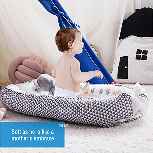 Vohunt Baby Lounger for Newborn,100% Cotton Co-Sleeper for Baby in Bed with Handles,Soft Newborn Lounger Adjustable Size & Strong Zipper Lengthen Space to 3 Tears Old(Triangular Crown)
