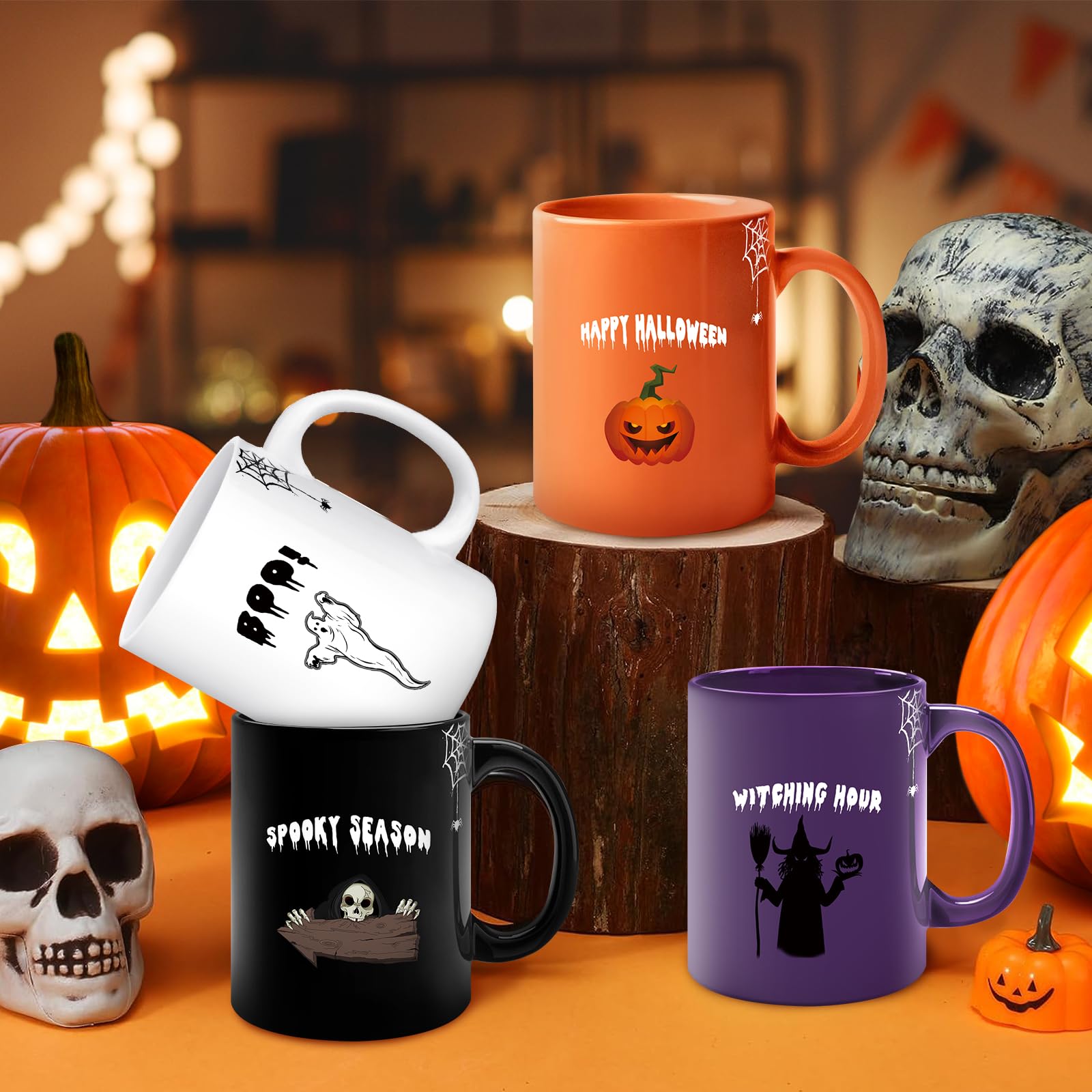 4 Pieces Halloween Ceramic Mug Set Halloween Mug Pumpkin Mug Ghost Mug Witch Mug Death Mug Halloween Family Mug Trick or Treat Halloween Gifts Mug Set for Kitchen Office Home