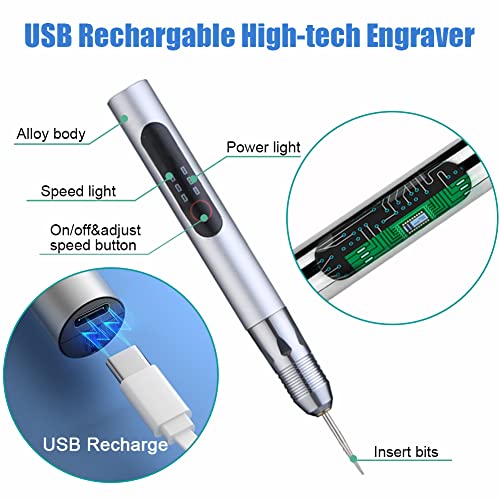 Newest USB Rechargeable Engraving Pen with 35 Bits and 4 Stencils,Mini Electric Engraving Machines Engraver Pen Etching Pen Cordless Rotary Tools Engraved Jewelry Glass Metal Wood Resin