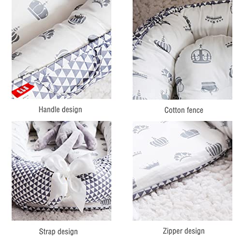 Vohunt Baby Lounger for Newborn,100% Cotton Co-Sleeper for Baby in Bed with Handles,Soft Newborn Lounger Adjustable Size & Strong Zipper Lengthen Space to 3 Tears Old(Triangular Crown)