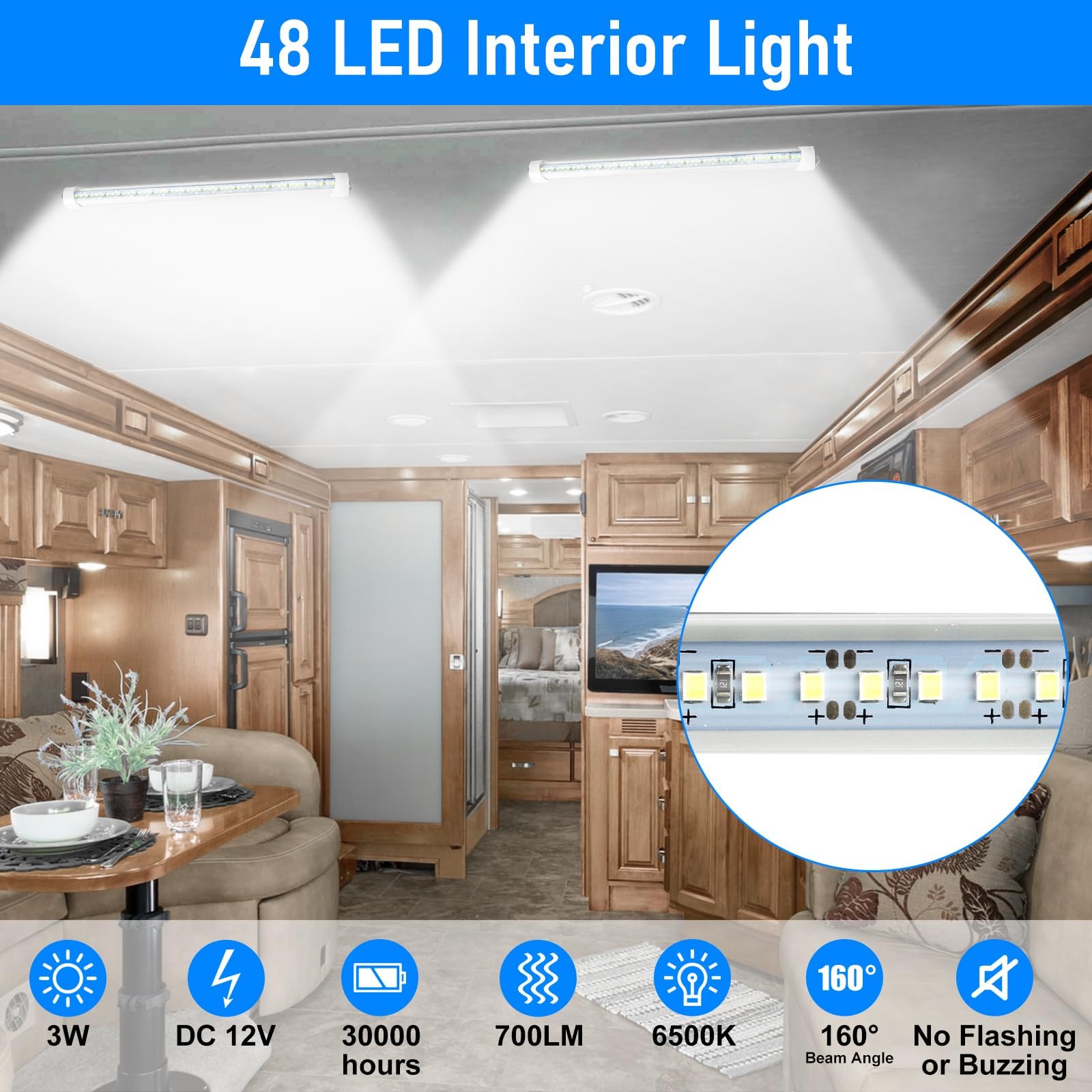 Linkstyle 4PCS 12V LED Interior Light Bar, 192LEDs 12V LED Light Strip with Switch, 6500K Slim Car Interior Lights for Car Truck RV Boat Cabinet
