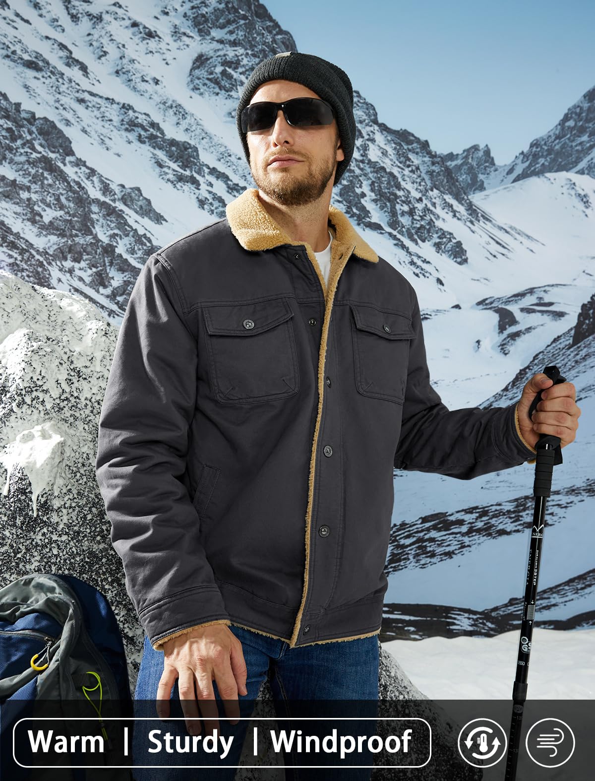 MAGCOMSEN Winter Jackets for Mens Sherpa Jacket Lined Trucker Jacket Cotton Military Jacket Dark Grey XL
