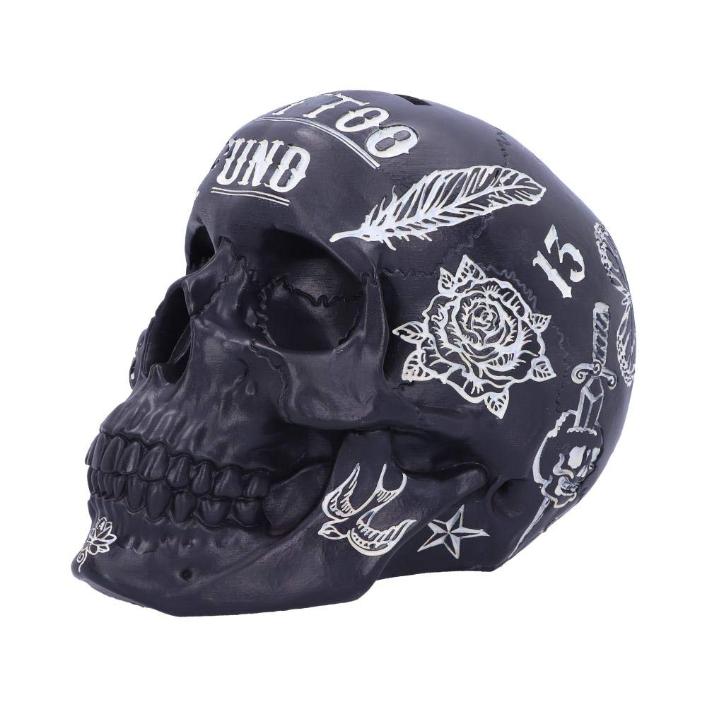 Nemesis Now Gothic Tattoo Fund Skull Money Box, Hand-Painted Resin with Traditional Tribal Illustrative Designs, Unique Savings Bank for Tattoo Enthusiasts