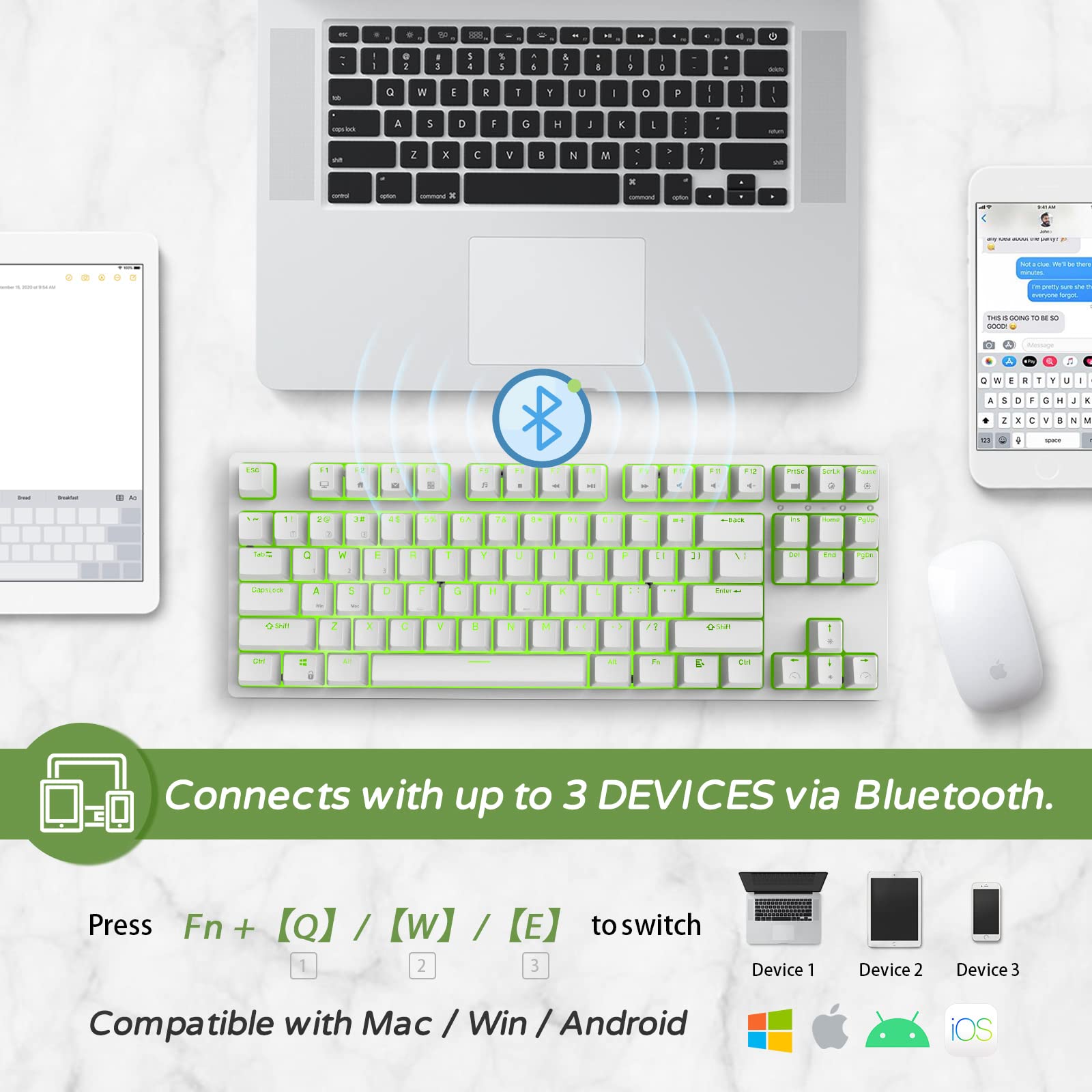RK ROYAL KLUDGE RK87 Wireless Mechanical Keyboard, 75% TKL Hot Swappable RGB Bluetooth Gaming Keyboard Triple Mode BT5.1/2.4G/USB-C with 2 Detachable Frames, USB Hub, Clicky Blue Switch, White