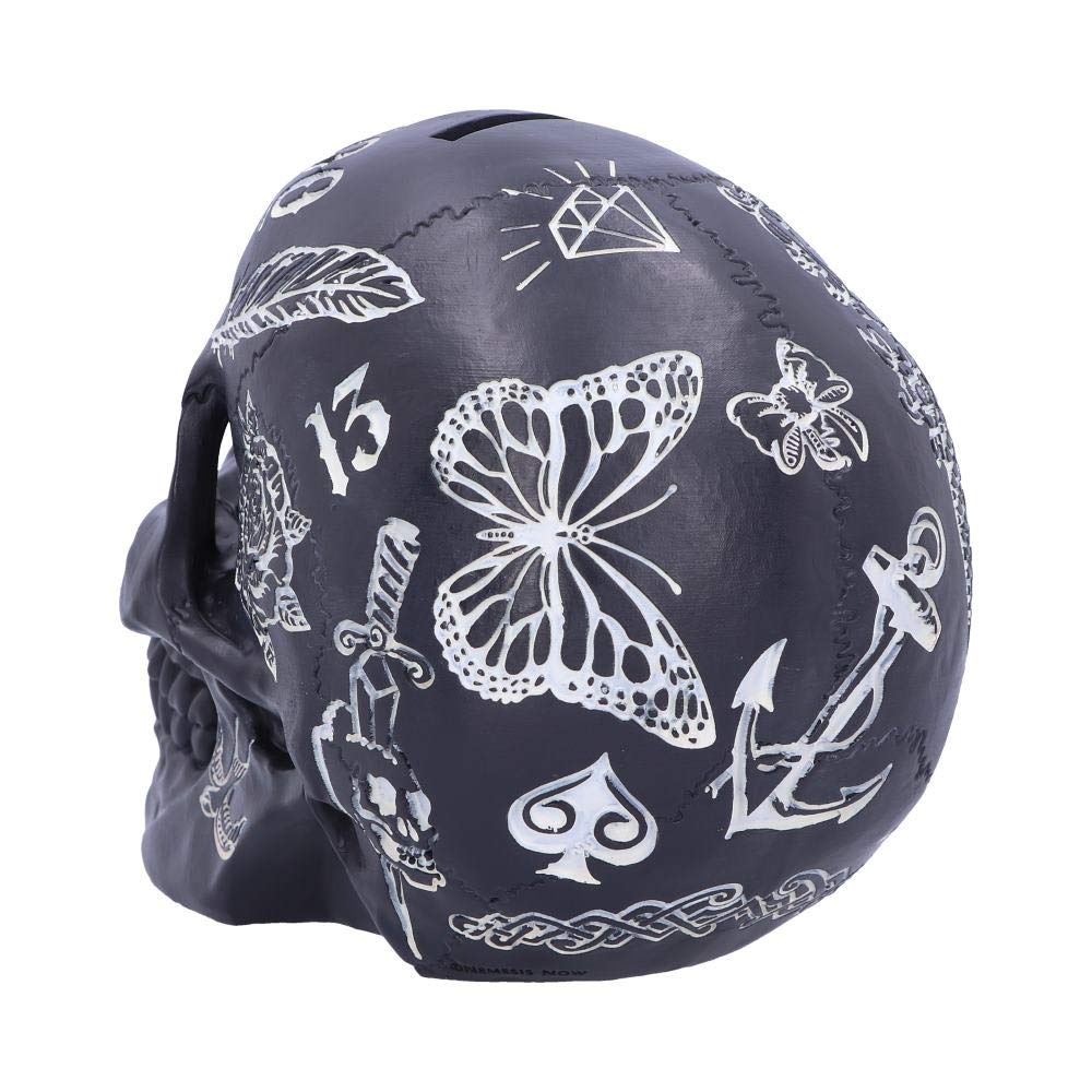 Nemesis Now Gothic Tattoo Fund Skull Money Box, Hand-Painted Resin with Traditional Tribal Illustrative Designs, Unique Savings Bank for Tattoo Enthusiasts