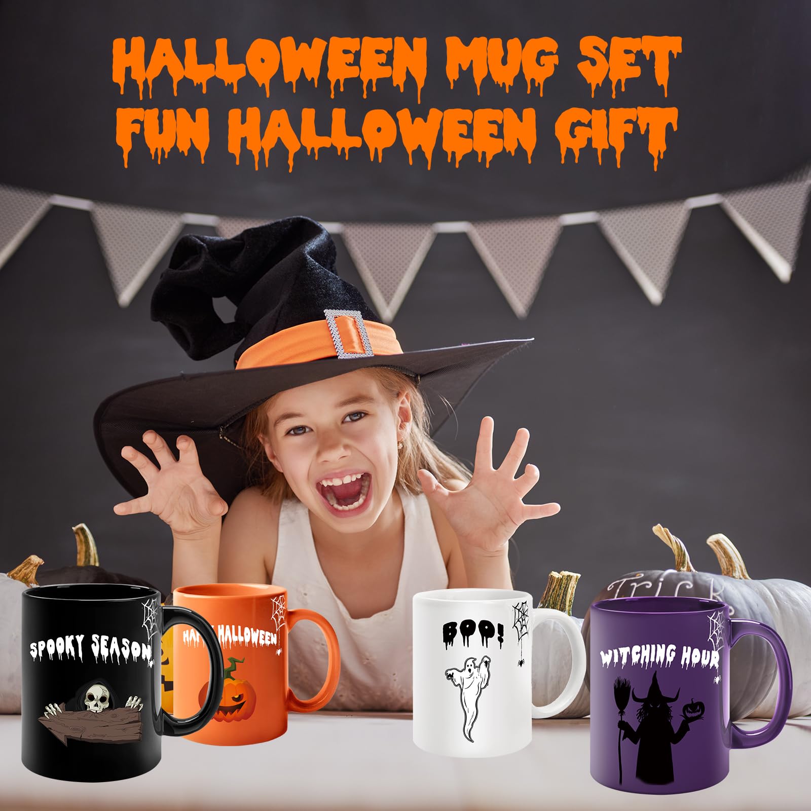 4 Pieces Halloween Ceramic Mug Set Halloween Mug Pumpkin Mug Ghost Mug Witch Mug Death Mug Halloween Family Mug Trick or Treat Halloween Gifts Mug Set for Kitchen Office Home