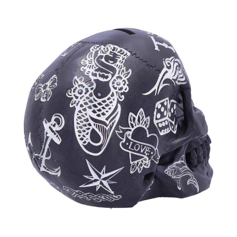 Nemesis Now Gothic Tattoo Fund Skull Money Box, Hand-Painted Resin with Traditional Tribal Illustrative Designs, Unique Savings Bank for Tattoo Enthusiasts