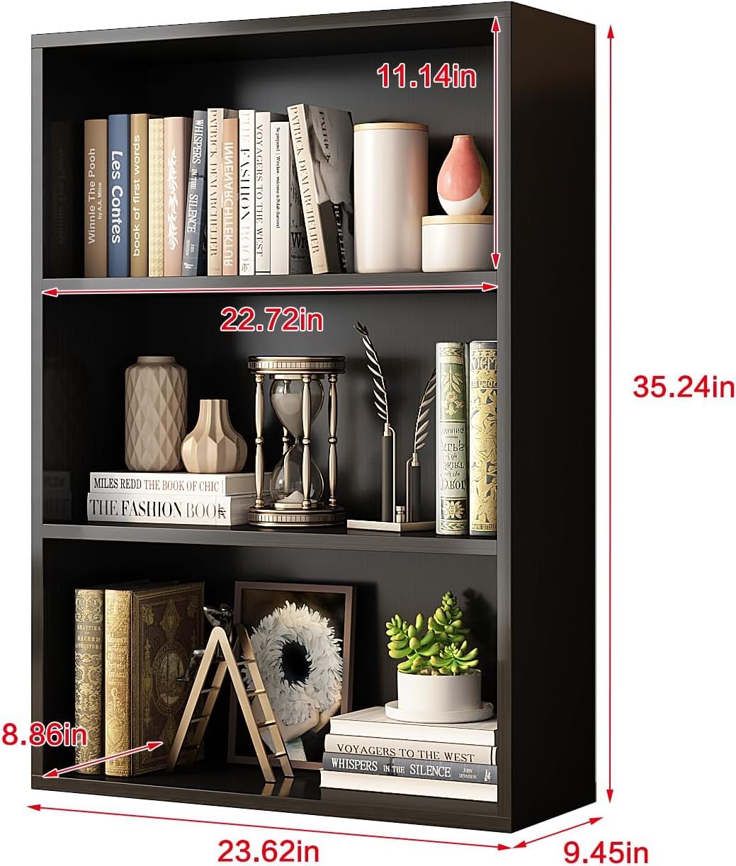 ALISENED 3 Tiers Open Shelf Bookcase, Stylish and Functional Bookshelf, Storage Organizer Shelving for Home, Office, Living Room and Bed Room, Black