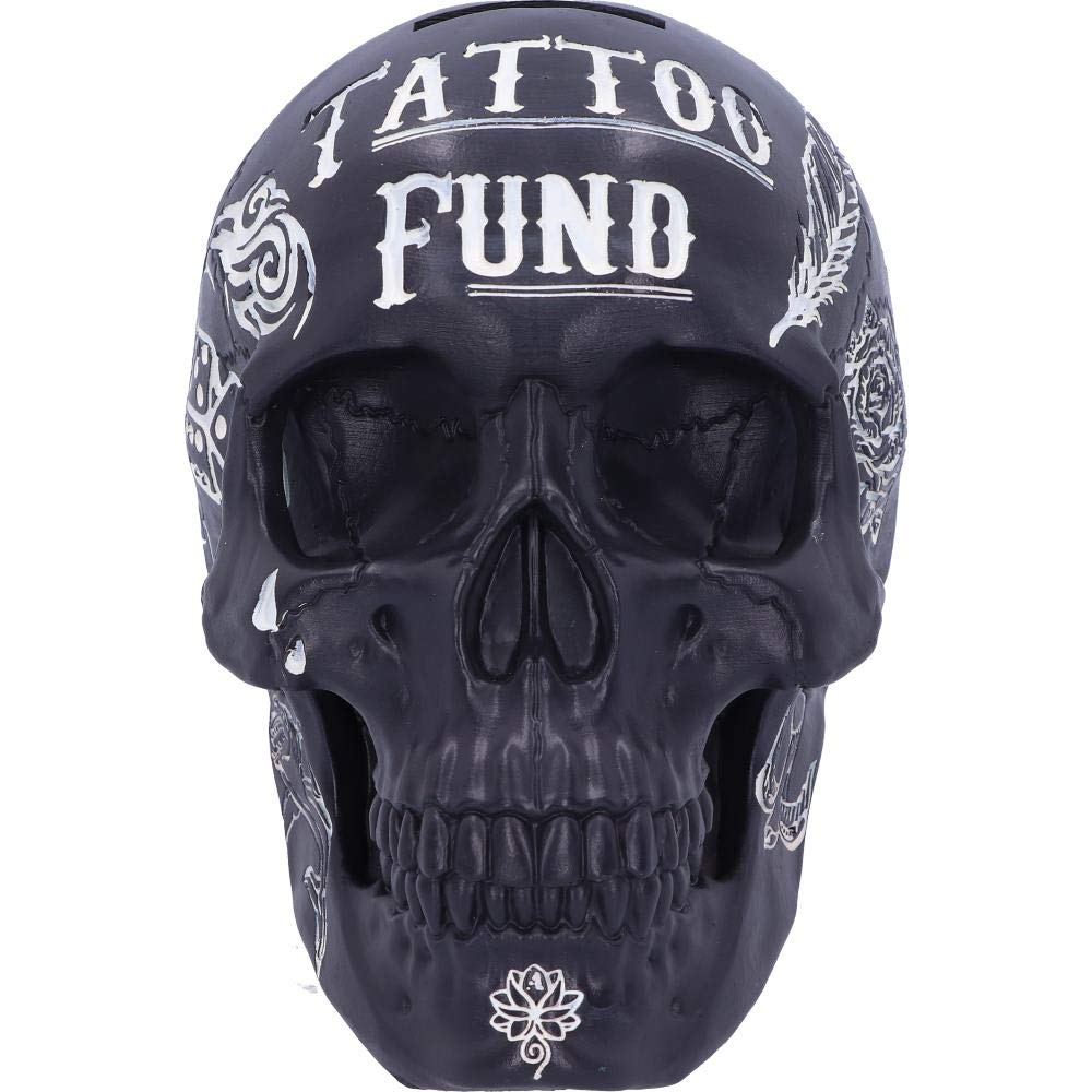 Nemesis Now Gothic Tattoo Fund Skull Money Box, Hand-Painted Resin with Traditional Tribal Illustrative Designs, Unique Savings Bank for Tattoo Enthusiasts