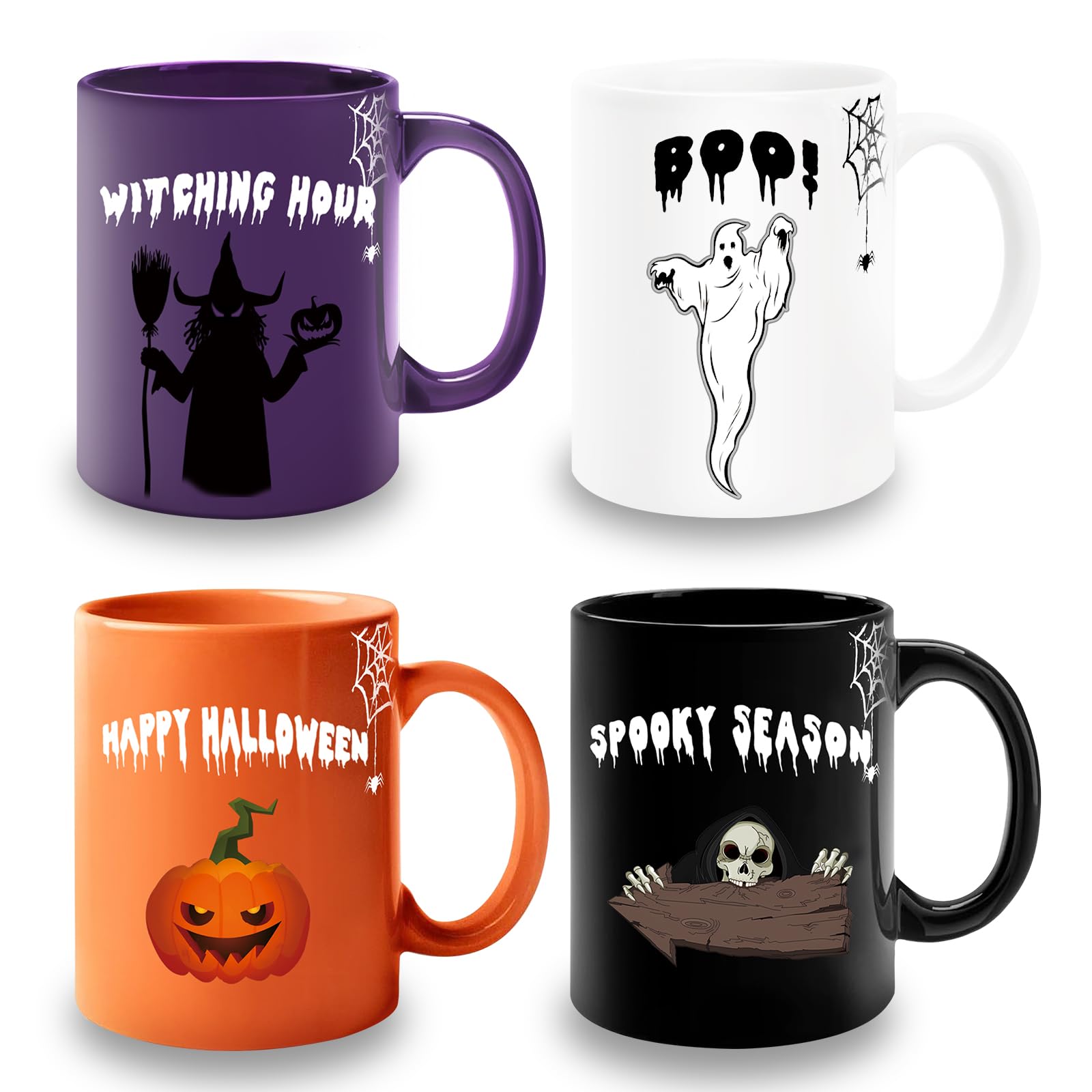 4 Pieces Halloween Ceramic Mug Set Halloween Mug Pumpkin Mug Ghost Mug Witch Mug Death Mug Halloween Family Mug Trick or Treat Halloween Gifts Mug Set for Kitchen Office Home