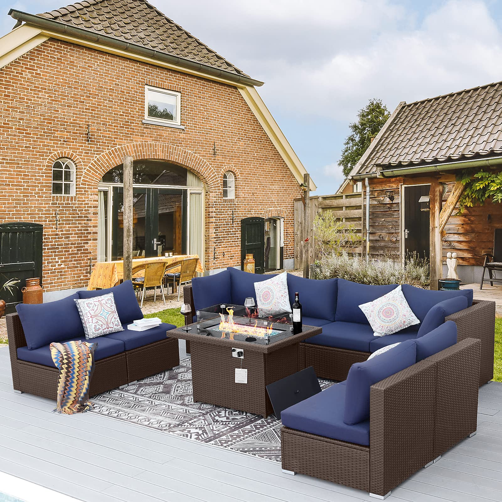 BULEXYARD High Back Brown PE Rattan Outdoor Patio Furniture Set with Propane Fire Pit Table, Large Wicker Outside Sectional Furniture Sofa Conversation Sets for Backyard(Navy Blue, 9Pcs-A)