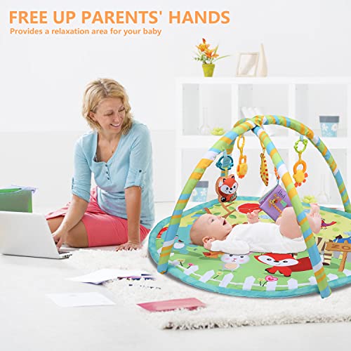 Kirumie Baby Play Gym, Baby Play Mats for Babies and Toddlers with 5 Toys. Visual, Hearing, Touch, Cognitive Development Baby Tummy Time Activity Mat, Gift Idea for Newborns with Storage Bag.