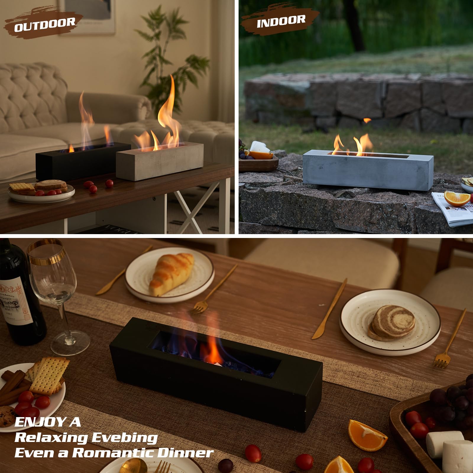 BRIAN & DANY Tabletop Fire Pit, Concrete Table Top Firepit for Outdoor, Large Rectangle Ethanol Tabletop Fireplace