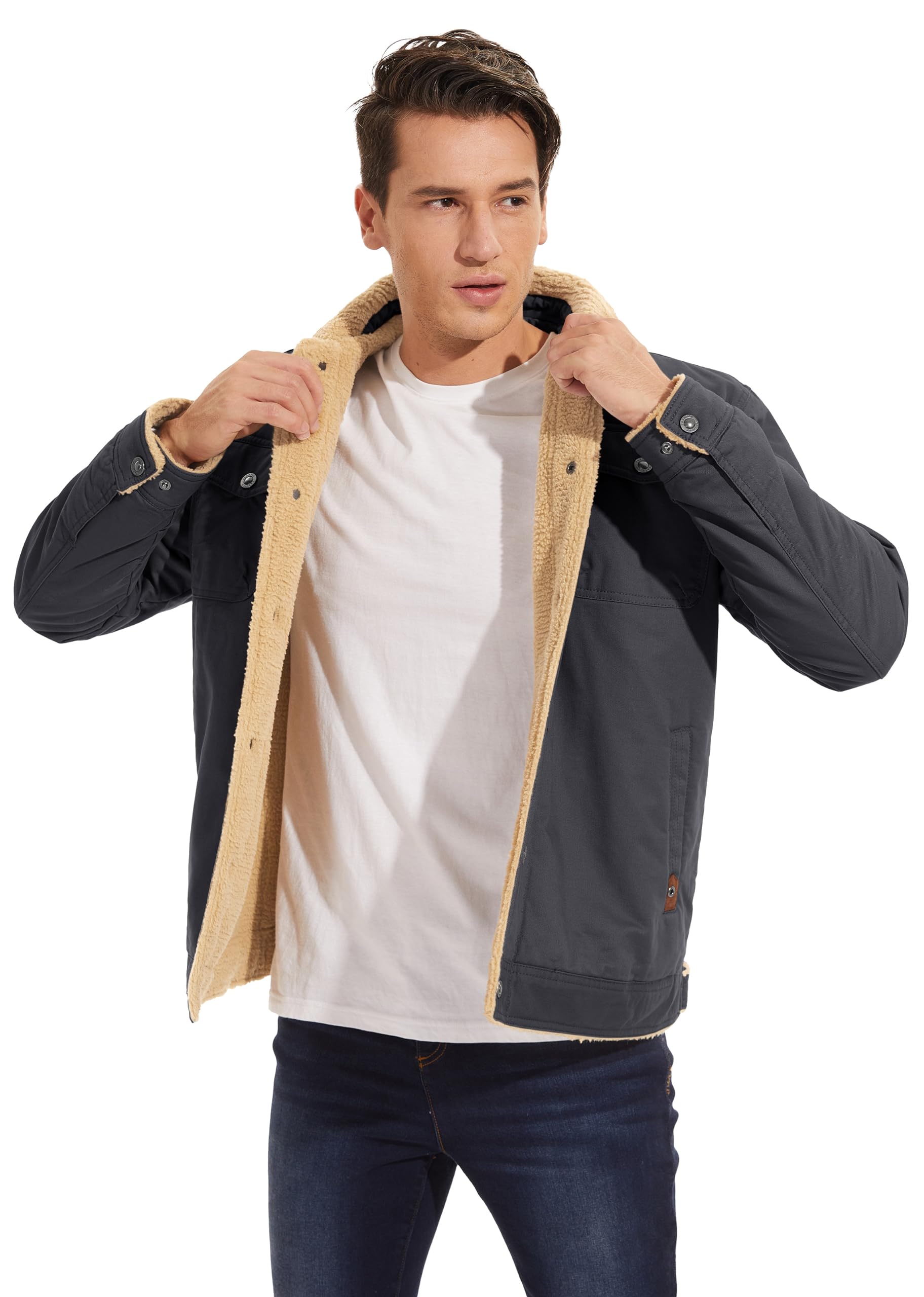 MAGCOMSEN Winter Jackets for Mens Sherpa Jacket Lined Trucker Jacket Cotton Military Jacket Dark Grey XL