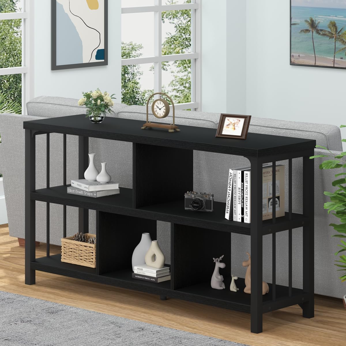 IBF Horizontal Cube Book shelf, Industrial Modern Open Bookshelf, Low Wide Home 5 Cube Storage Organizer Long Shelf for Bedroom, Short Wood and Metal Cubby Book Shelf for Living Room, Black Oak, 47 In