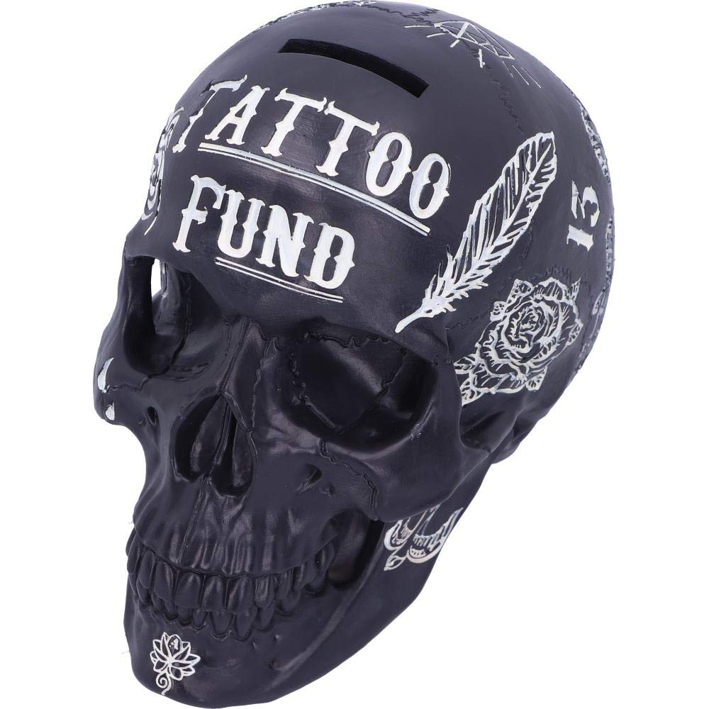 Nemesis Now Gothic Tattoo Fund Skull Money Box, Hand-Painted Resin with Traditional Tribal Illustrative Designs, Unique Savings Bank for Tattoo Enthusiasts