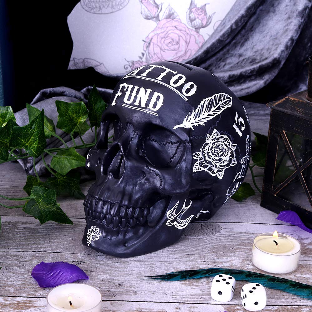 Nemesis Now Gothic Tattoo Fund Skull Money Box, Hand-Painted Resin with Traditional Tribal Illustrative Designs, Unique Savings Bank for Tattoo Enthusiasts