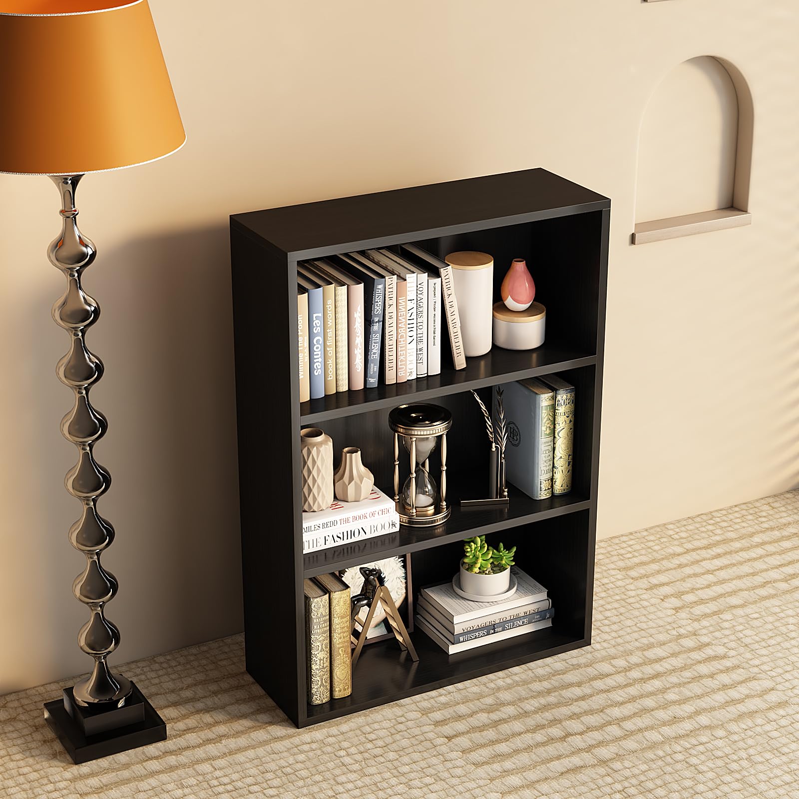 ALISENED 3 Tiers Open Shelf Bookcase, Stylish and Functional Bookshelf, Storage Organizer Shelving for Home, Office, Living Room and Bed Room, Black