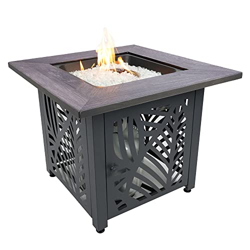 Endless Summer Lindsey 30 Inch Square Outdoor UV Printed 50,000 BTU LP Gas Fire Pit Patio Table with Faux Wood Mantel and Stamped Steel Base