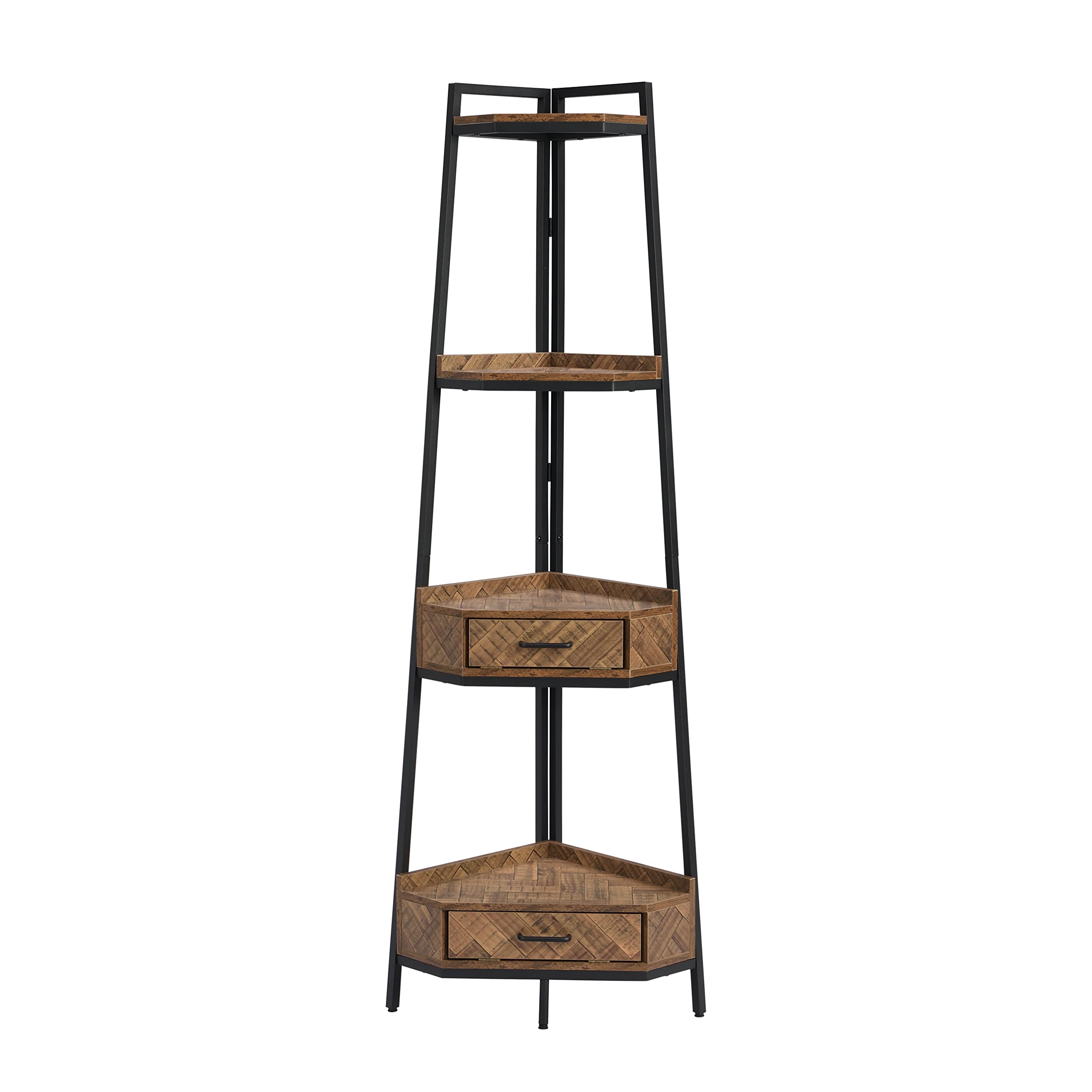 72.64'' Tall Corner Shelf with Drawers - Industrial Style Bookcase 4-Tier Black Bookshelf Multi-Tiered Corner Shelving Unit - Storage Cabinet with Drawers for Organizing Space in Any Room