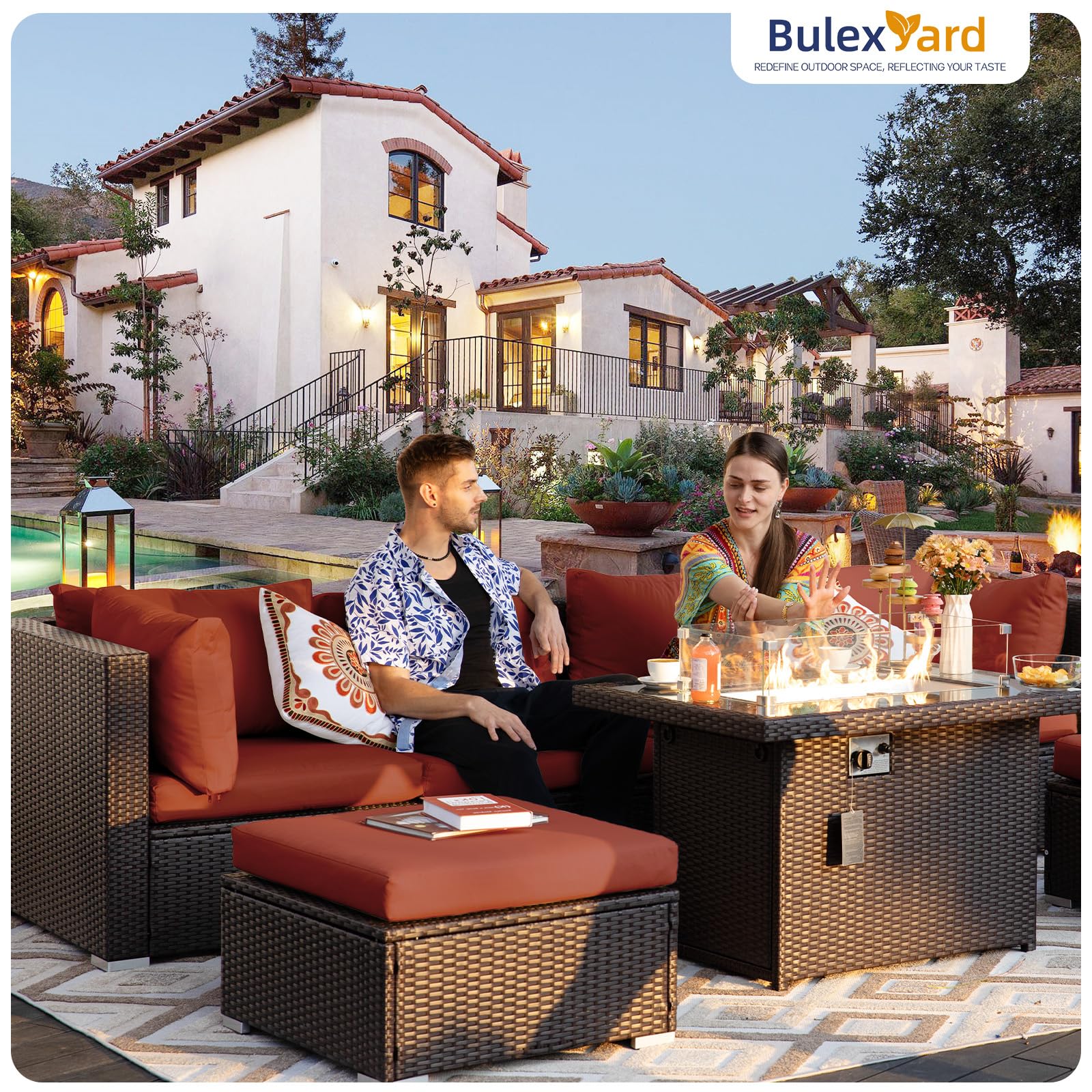 BULEXYARD High Back Brown PE Rattan Outdoor Patio Furniture Set with Propane Fire Pit Table, Large Wicker Outside Sectional Furniture Sofa Conversation Sets for Backyard(Dark Red, 9Pcs-B)