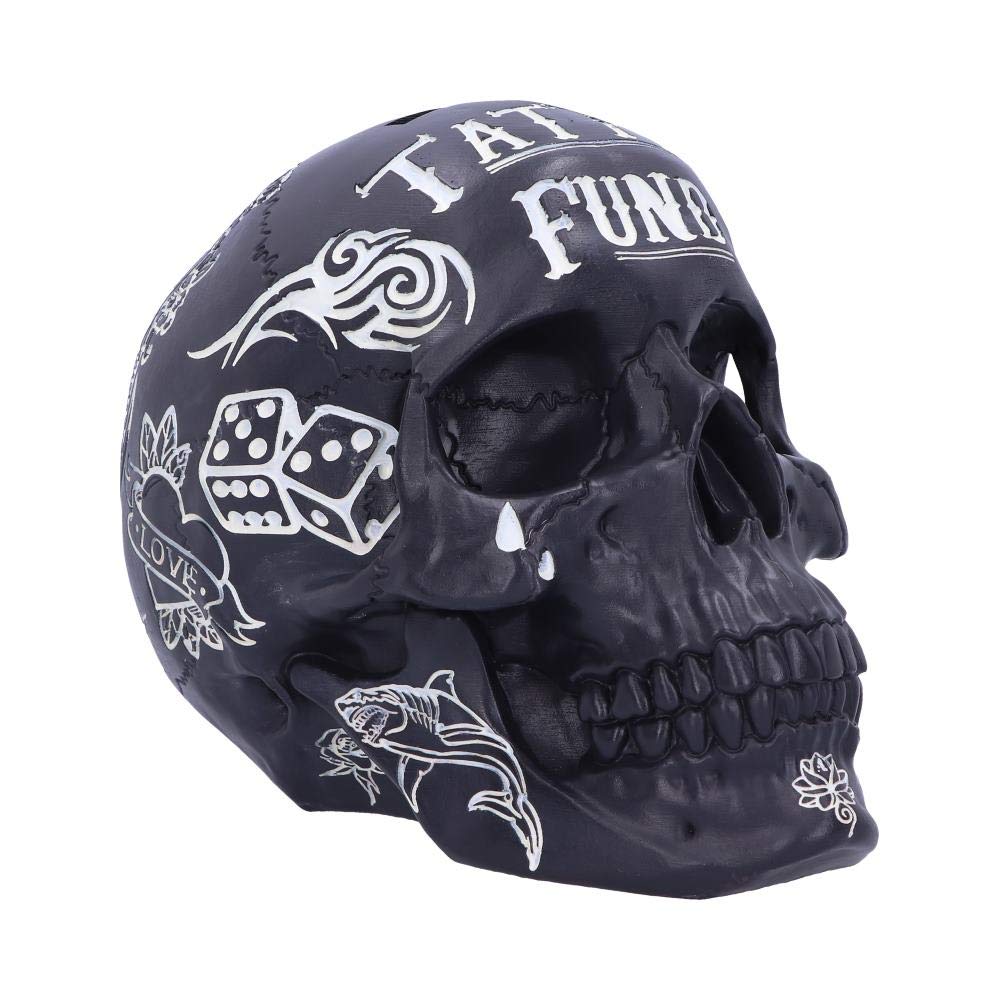 Nemesis Now Gothic Tattoo Fund Skull Money Box, Hand-Painted Resin with Traditional Tribal Illustrative Designs, Unique Savings Bank for Tattoo Enthusiasts