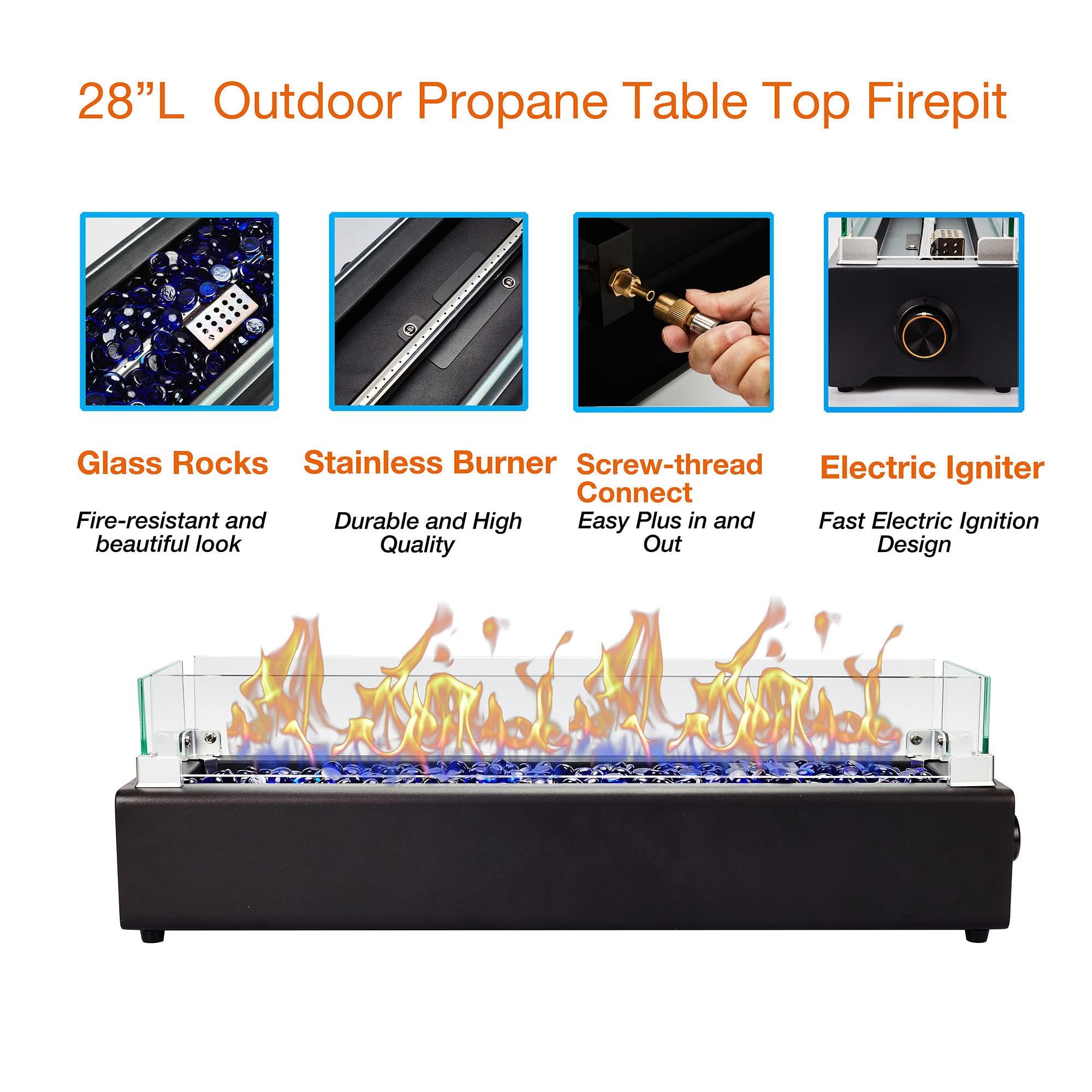 BAIDE HOME 28-inch Table Top Propane Fire Pit, 40,000 BTU Tabletop Firepit for Patio, Outdoor Portable Fireplace Rectangular Fire Bowl w/Wind Glass Shield, Glass Rocks - Black