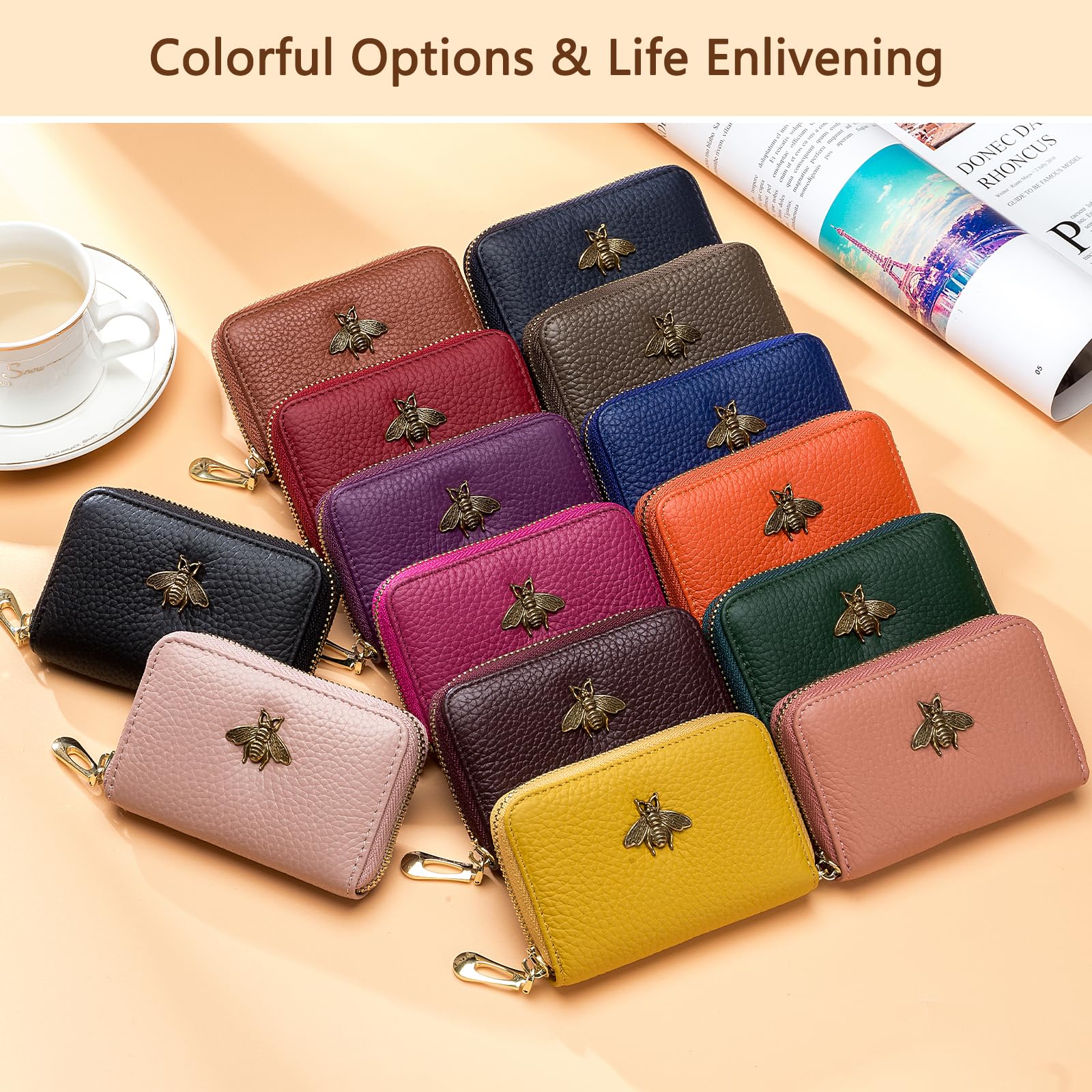 imeetu RFID Credit Card Holder, Small Leather Zipper Card Case Wallet for Women (Lite,Fuchsia)